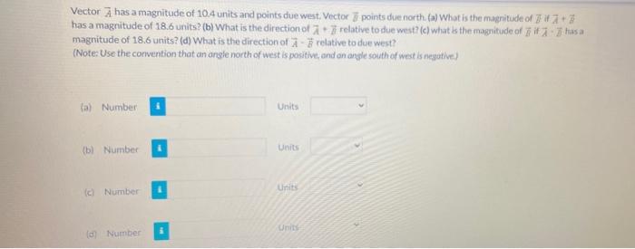 Solved Vector A has a magnitude of 10.4 units and points due | Chegg.com