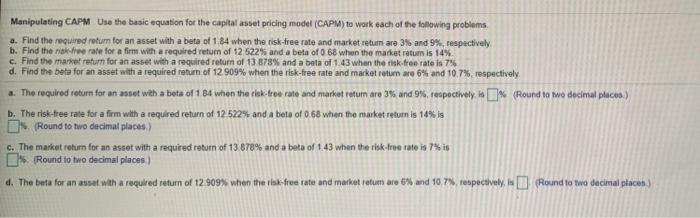 Solved Manipulating CAPM Use the basic equation for the | Chegg.com