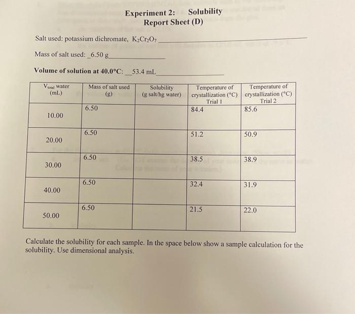 Solved Experiment 2: Solubility Report Sheet (D) Salt used: | Chegg.com