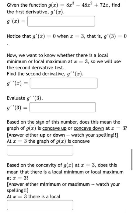 Solved Given the function g(x) = 8x3 - 482? + 721, find the | Chegg.com