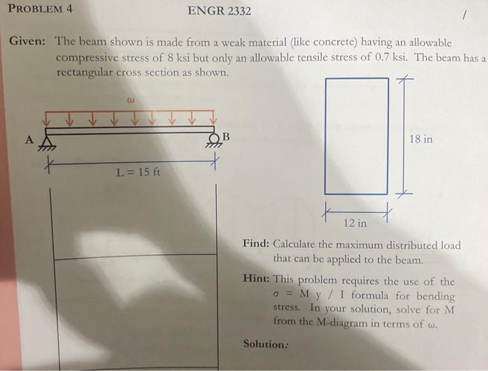 Solved Given: The beam shown is made from a weak material | Chegg.com