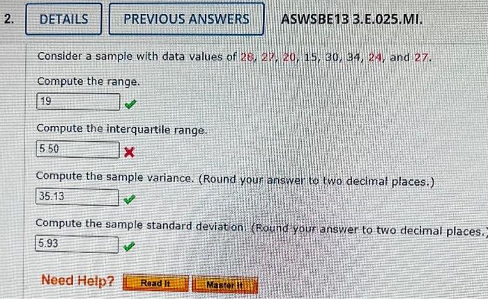 Solved Consider a sample with data values of 28, 27, 20, 15, | Chegg.com