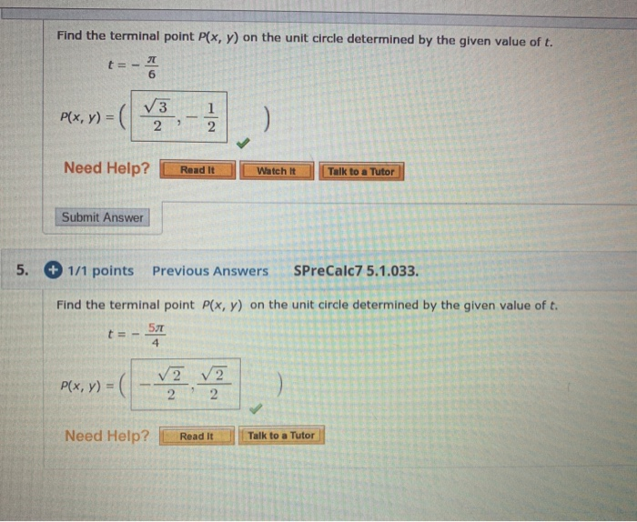 Solved Find the terminal point P(x, y) on the unit circle | Chegg.com