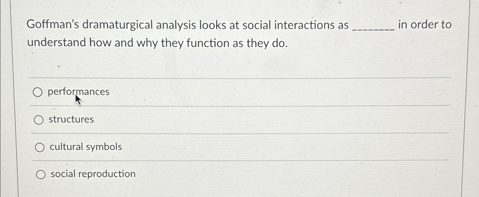 Solved Goffman's dramaturgical analysis looks at social | Chegg.com
