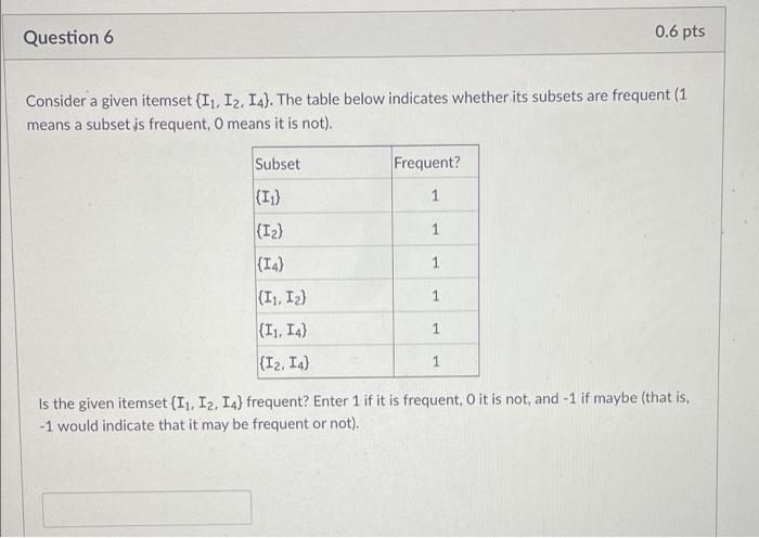 Solved Question 6 0.6 pts Consider a given itemset (I1, I2, | Chegg.com