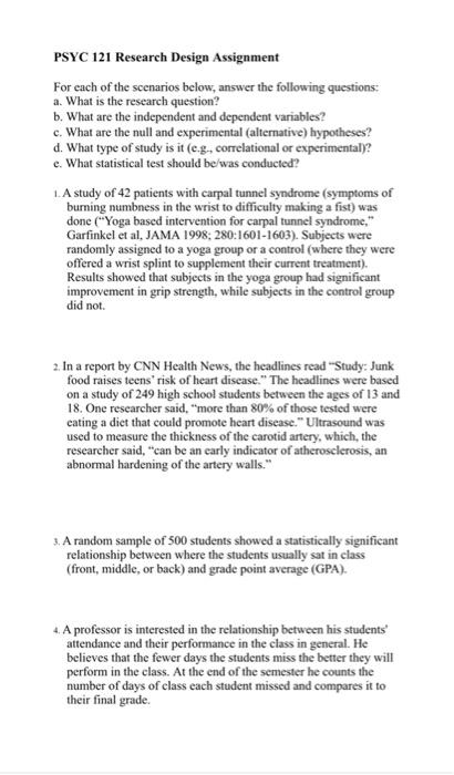 Solved PSYC 121 Research Design Assignment For each of the | Chegg.com
