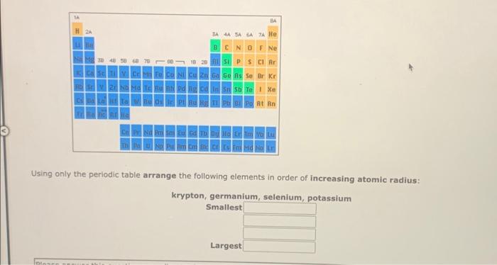 Solved Using only the periodic table arrange the following | Chegg.com