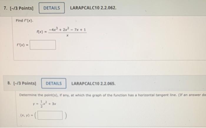Solved LARAPCALC10 2.2.034. Find the derivative. 4. [-/3 | Chegg.com