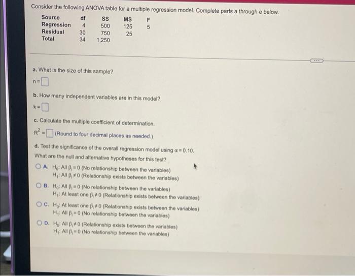Solved Consider the following ANOVA table for a multiple | Chegg.com