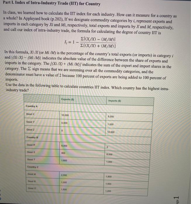 Solved Part I. Index of Intra-Industry Trade (IIT) for | Chegg.com