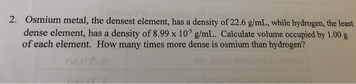 Solved 2. Osmium metal, the densest element, has a density | Chegg.com