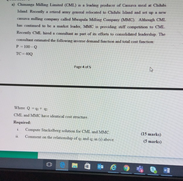 Solved a) Chimanga Milling Limited (CML) is a leading | Chegg.com