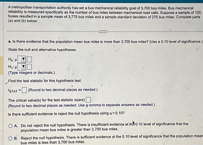 Solved A metropolitan transportation authority has set a bus | Chegg.com