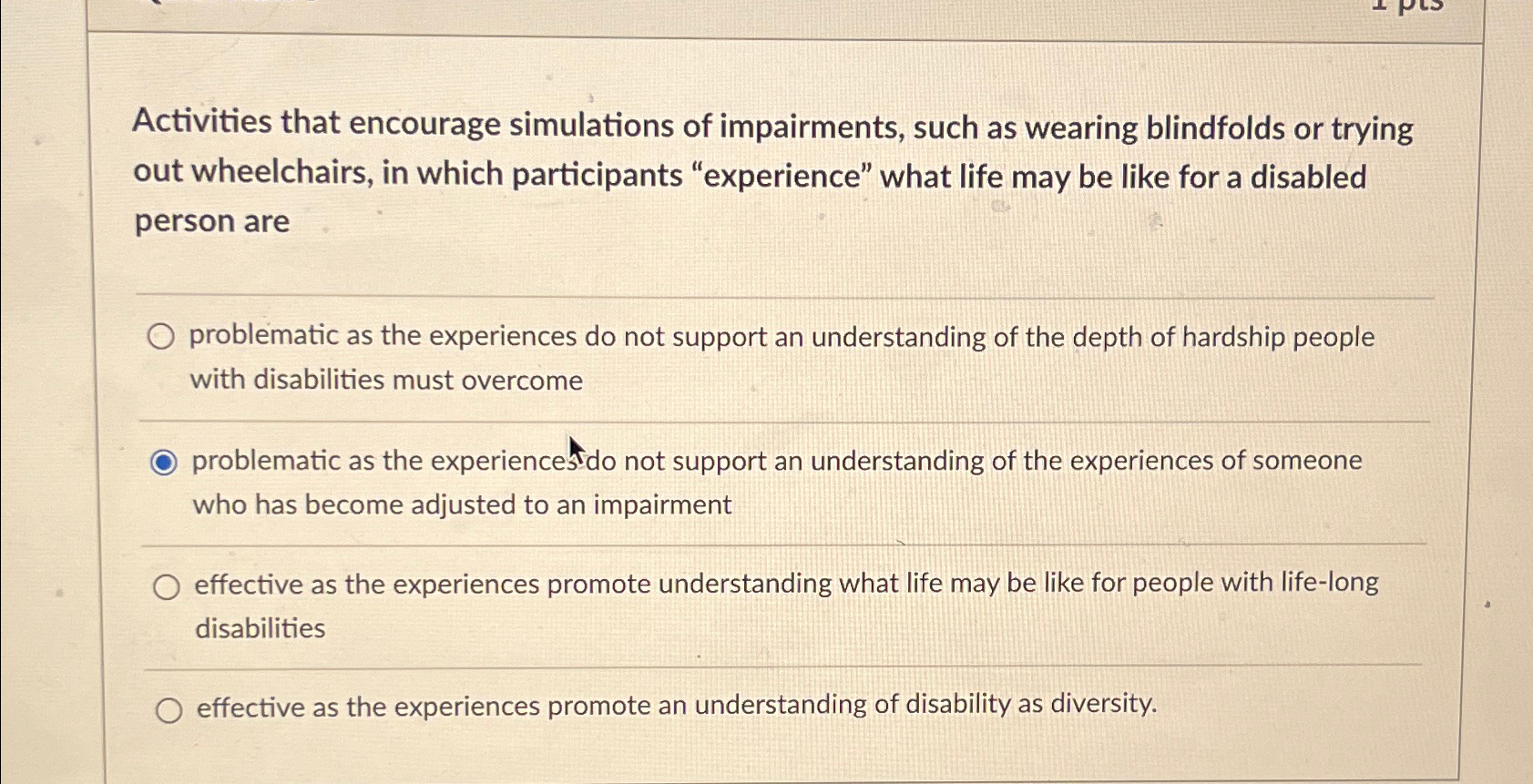 Solved Activities that encourage simulations of impairments, | Chegg.com