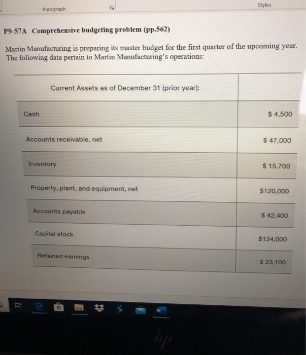 Solved Styles Paragraph P9-57A Comprehensive budgeting | Chegg.com
