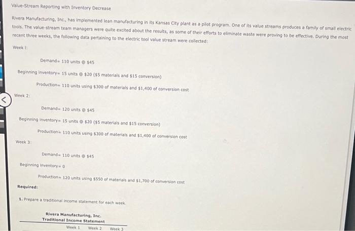 Solved Value-Stream Reporting with Inventory Decrease Rivera | Chegg.com