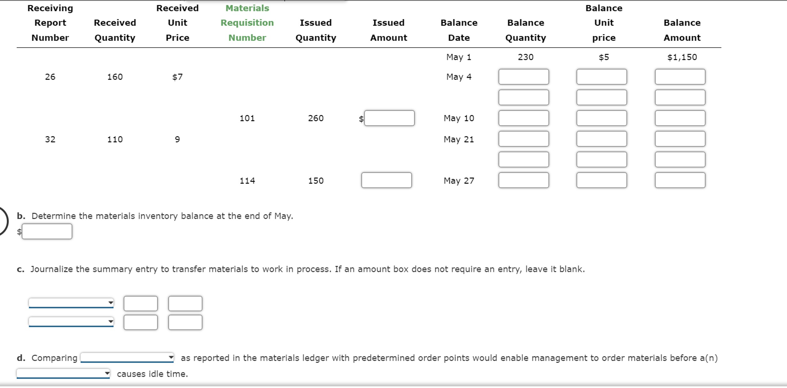 Solved Cb. ﻿Determine the materials inventory balance at the | Chegg.com