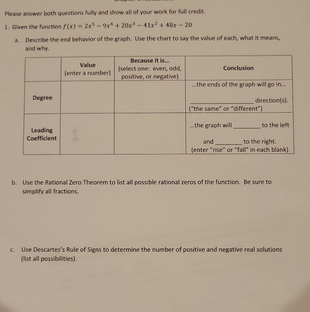 Solved Given the function f(x)=2x5−9x4+20x3−41x2+48x−20 a. | Chegg.com