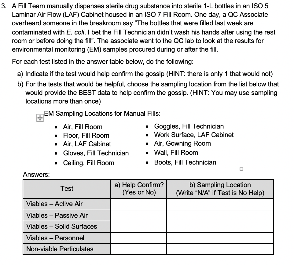 [Solved]: 3. A Fill Team manually dispenses sterile drug su
