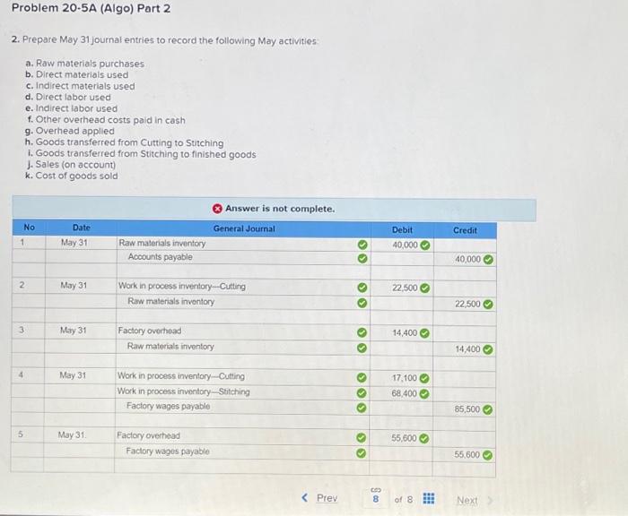 Required information Problem 20.5A (Algo) Production | Chegg.com
