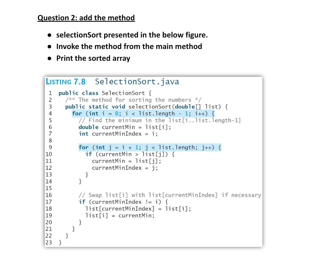 Solved Part 2: Sorting an Array Question 1: • Create a class | Chegg.com