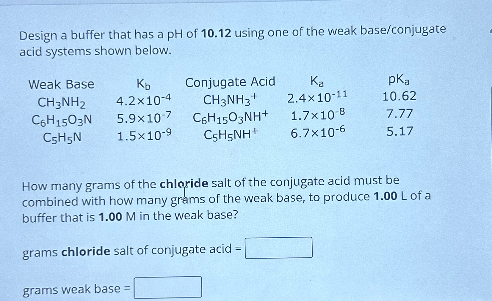 Solved Design a buffer that has a pH of 10.12 ﻿using one of | Chegg.com