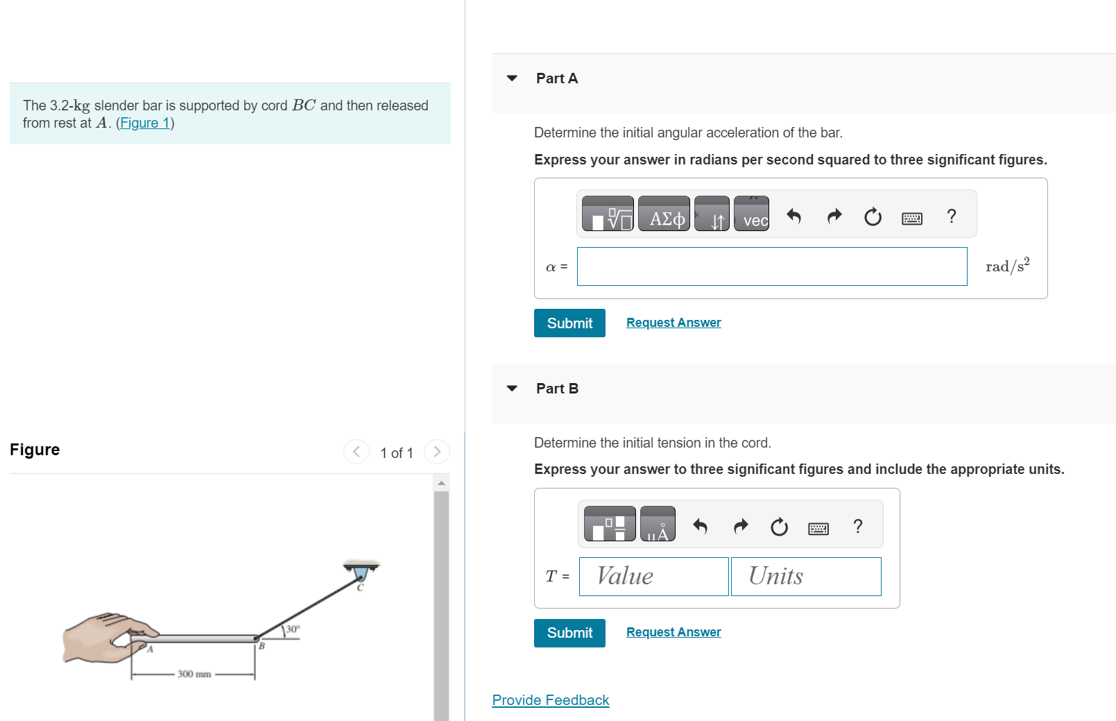 Solved The 3.2-kg slender bar is supported by cord BC ﻿and | Chegg.com