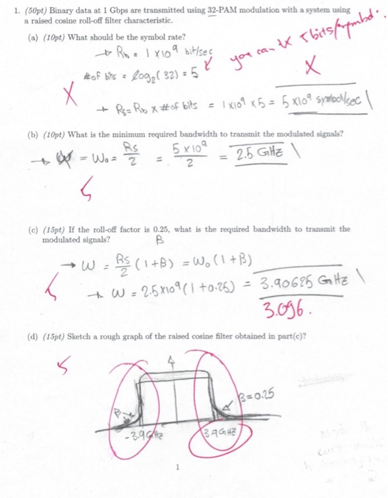 Solved 1. (50pt) Binary data at 1 Gbps are transmitted using | Chegg.com