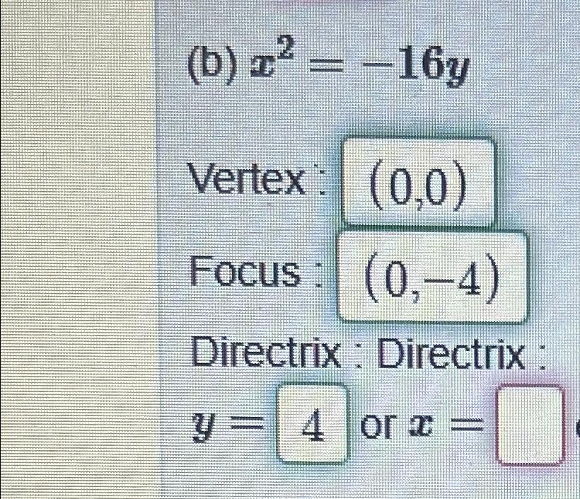 Solved (b) x2=-16yVertex:Focus : (0,-4)Directrix : Directrix | Chegg.com