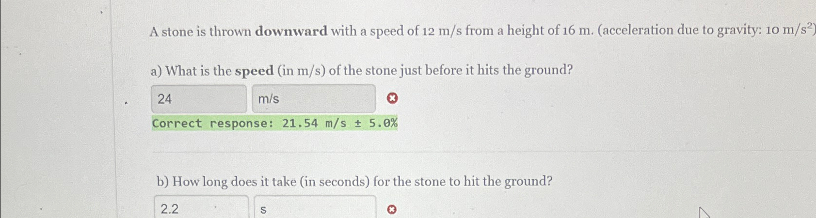 Solved A stone is thrown downward with a speed of 12ms ﻿from | Chegg.com