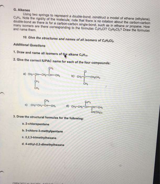 Solved G. Alkenes Using two springs to represent a | Chegg.com