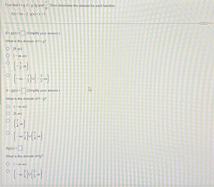 Solved first find f+g, f-g, fg and f/g. Then determine the | Chegg.com