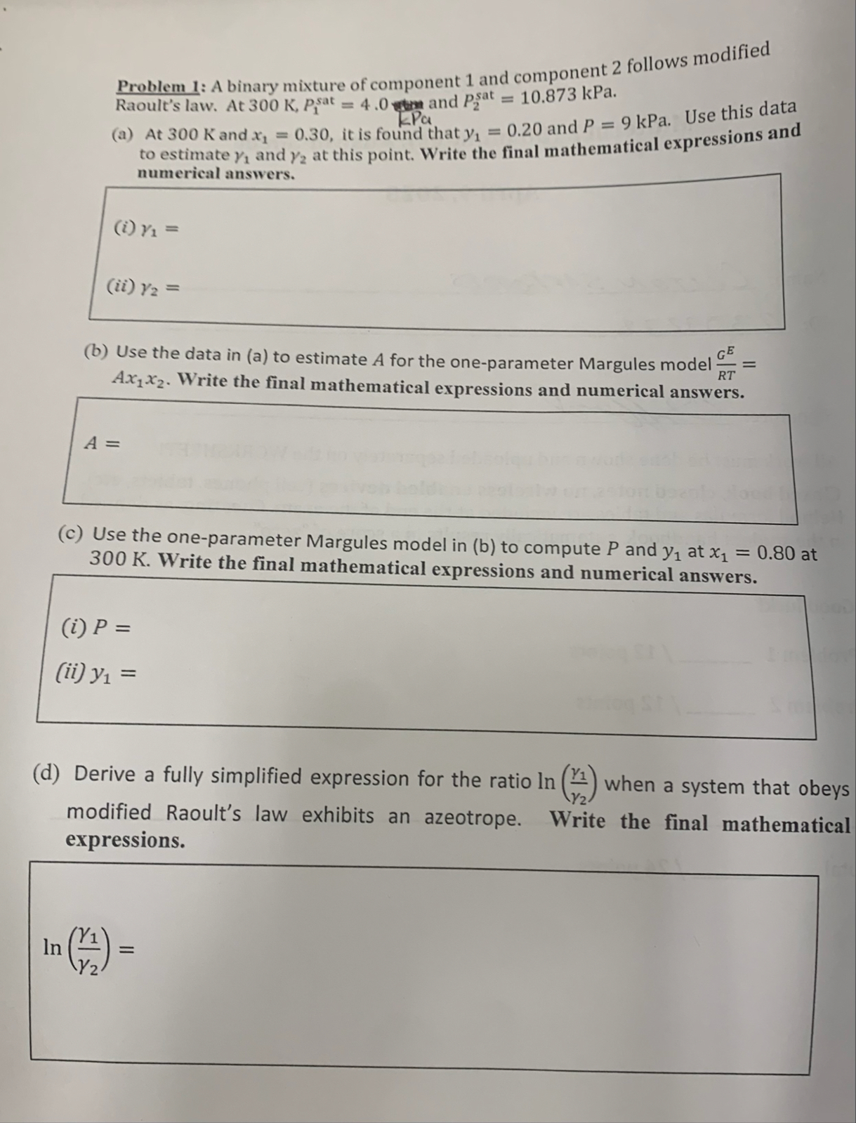 Solved Problem 1: A binary mixture of component 1 ﻿and | Chegg.com