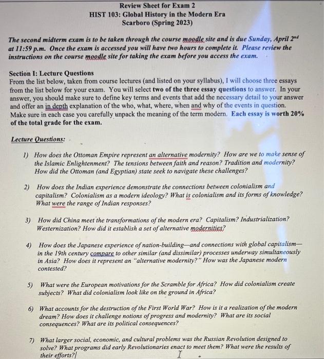 Review Sheet for Exam 2 HIST 103: Global History in | Chegg.com