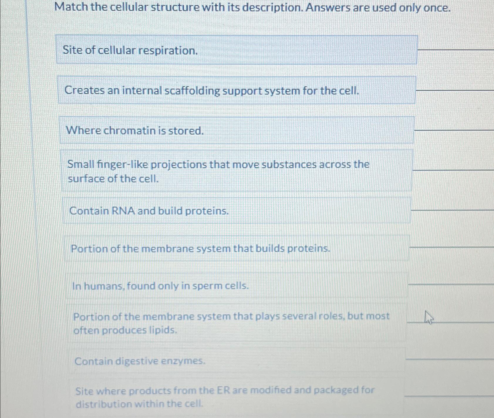 Solved Match the cellular structure with its description. | Chegg.com
