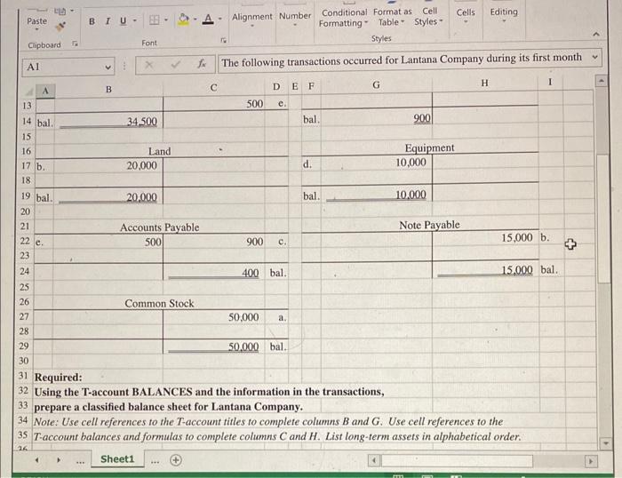Solved Preparing a Classified Balance Sheet using Excel's | Chegg.com