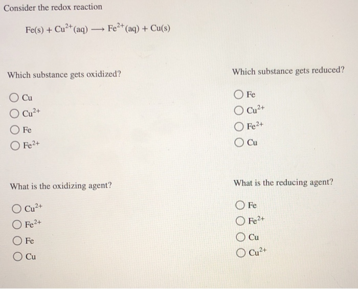 Solved Consider the redox reaction Fe(s) + Cu2+ (aq) — Fe2+ | Chegg.com