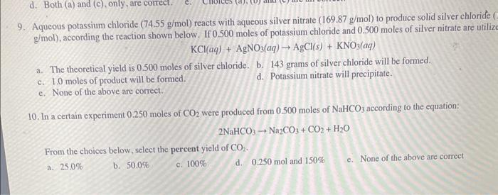 Solved 9. Aqueous potassium chloride (74.55 g/mol) reacts | Chegg.com