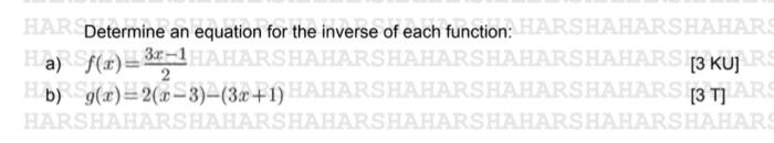 Solved Determine an equation for the inverse of each | Chegg.com