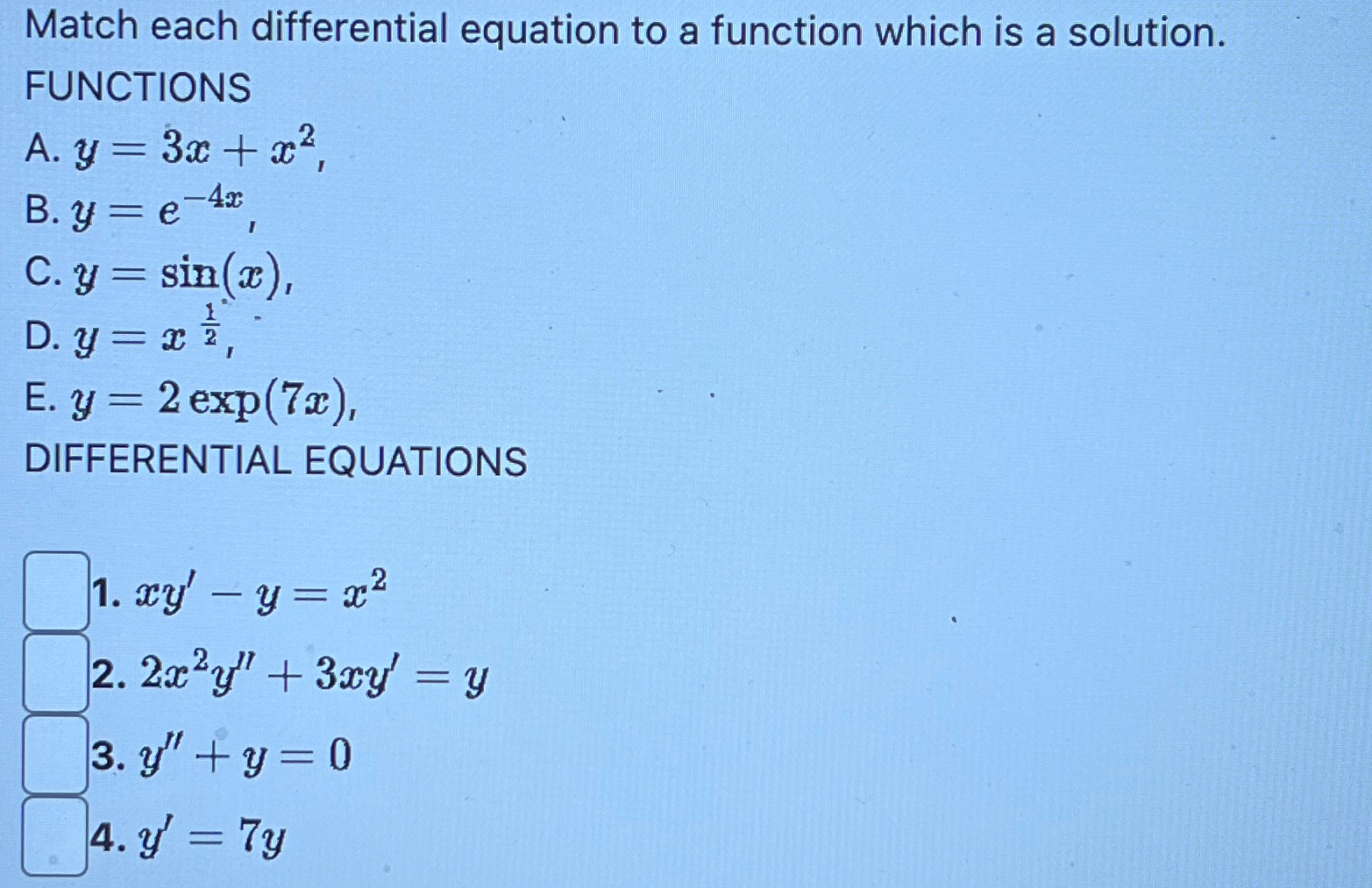 Solved Match each differential equation to a function which | Chegg.com