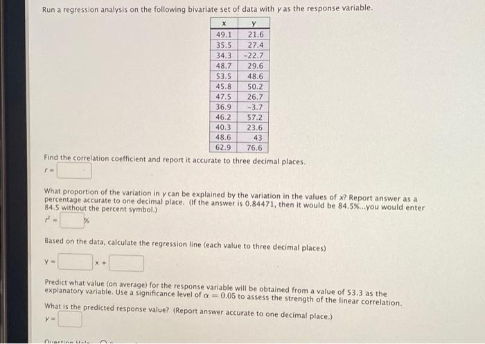 [Solved]: Run a regression analysis on the following bivari
