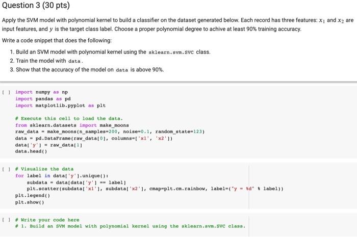 Solved Question 3 (30 pts) Apply the SVM model with | Chegg.com