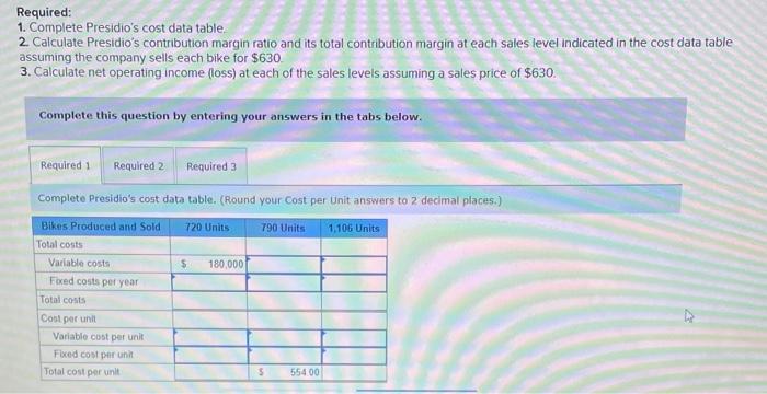 Solved Required: 1. Complete Presidio's cost data table. 2. | Chegg.com