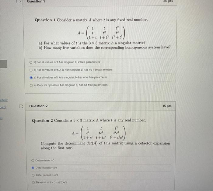 Solved Question 1 Consider a matrix A where t is any fixed | Chegg.com
