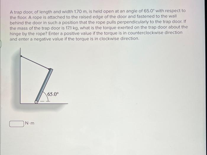 Solved A trap door, of length and width 1.70 m, is held open | Chegg.com