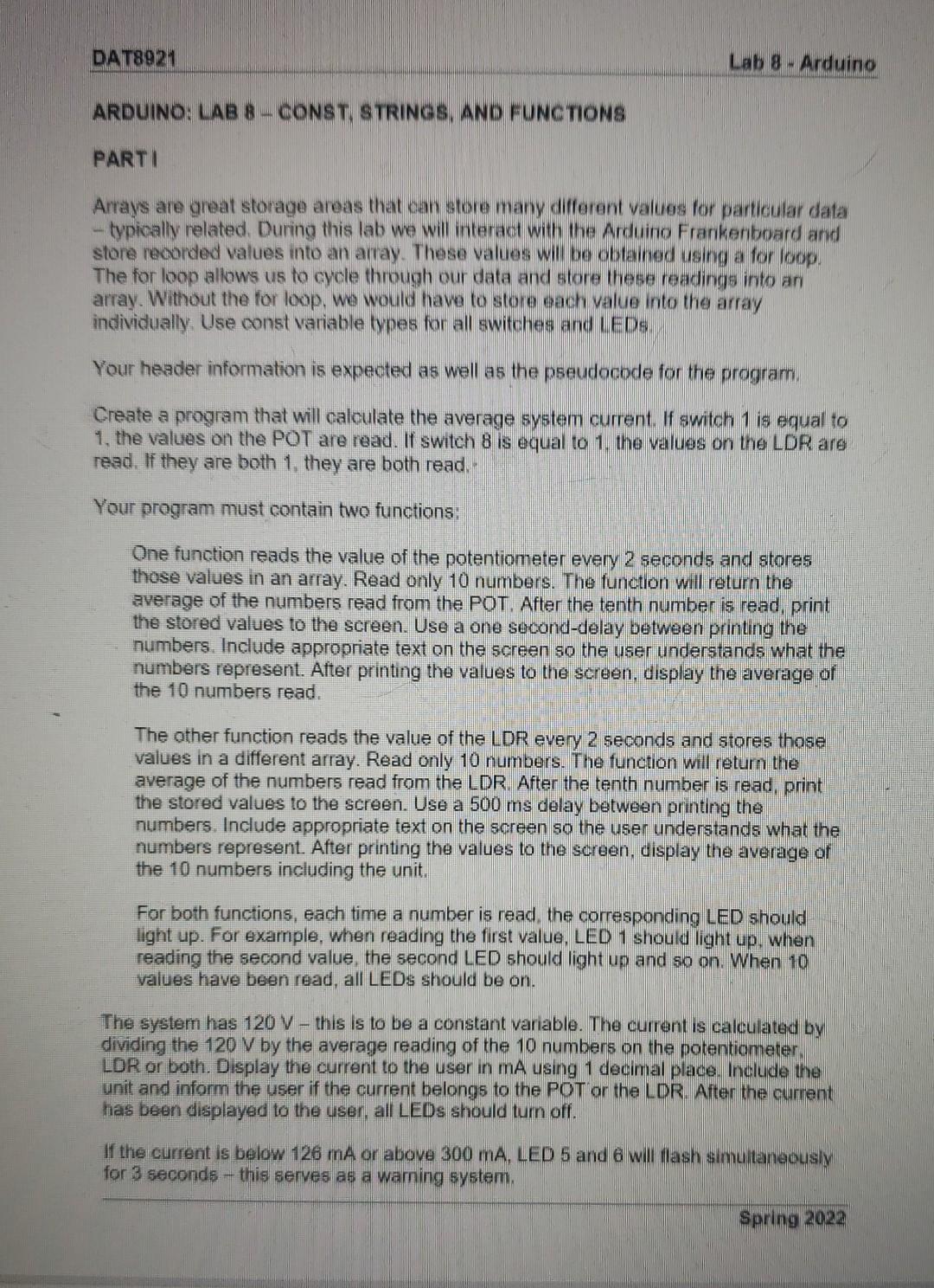 Solved ARDUINO: LAB 8 - CONST, STRINGS, AND FUNCTIONS PARTI | Chegg.com