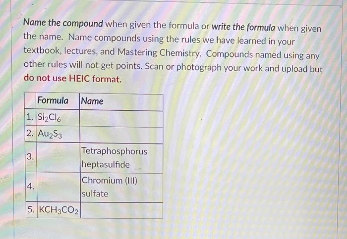 Solved Name the compound when given the formula or write the | Chegg.com