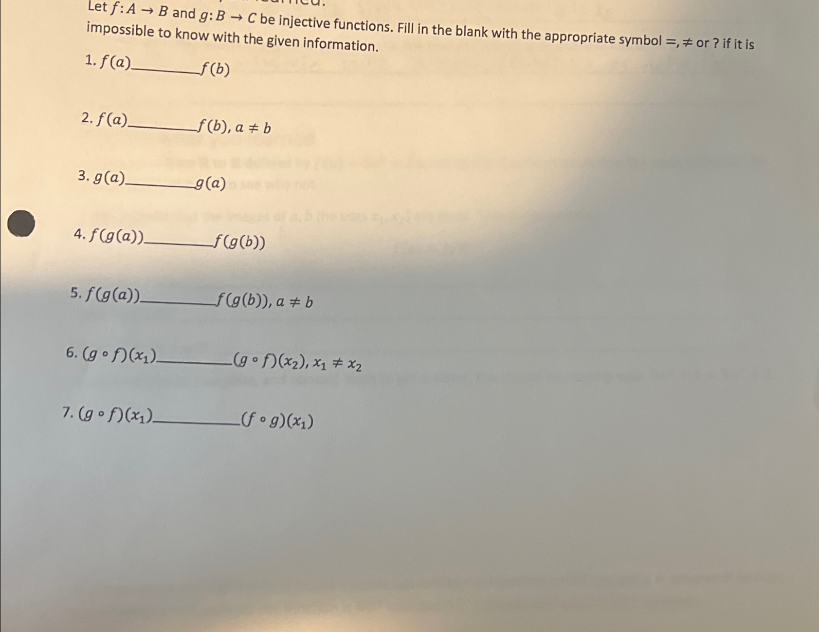 Solved Let f:A→B ﻿and g:B→C ﻿be injective functions. Fill in | Chegg.com