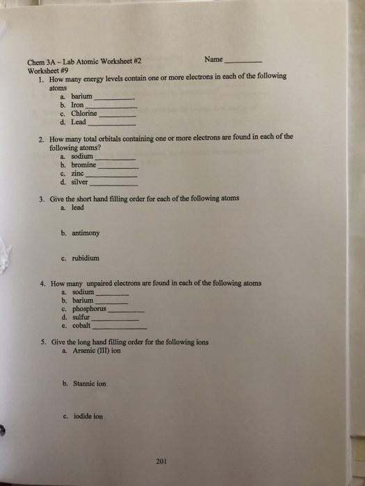 Solved Chem 3A-Lab Atomic Worksheet #2 Name Worksheet #9 1. | Chegg.com