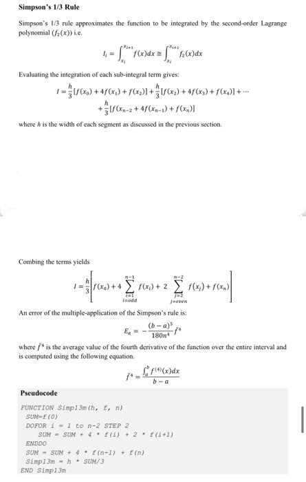 L" = ( Simpson's 1/3 Rule Simpson's 1/3 rule | Chegg.com
